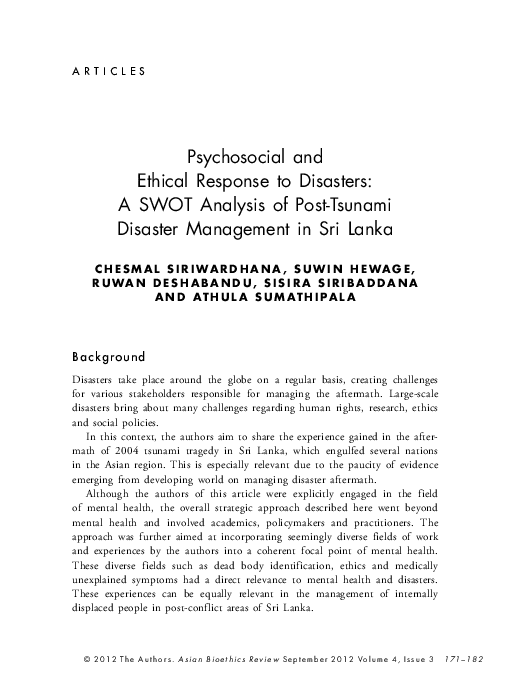 (PDF) Psychosocial and Ethical Response to Disasters: A SWOT Analysis ...