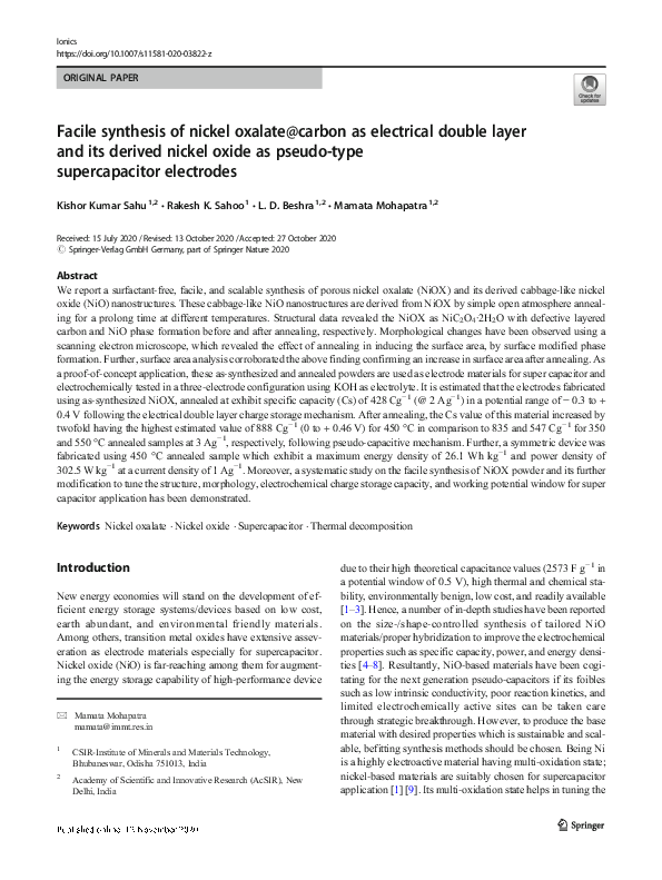 (PDF) Facile synthesis of nickel oxalate@carbon as electrical double ...