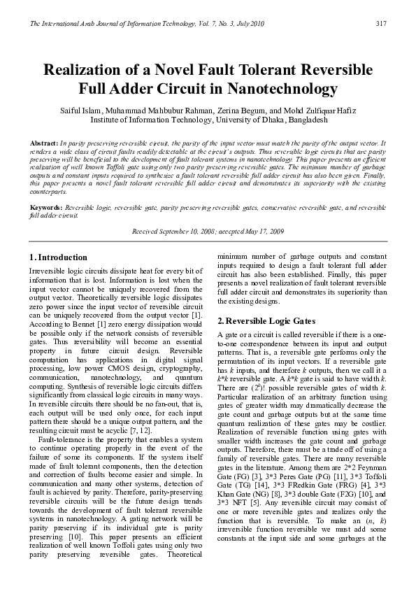 (PDF) Realization of a Novel Fault Tolerant Reversible Full Adder Circuit in Nanotechnology