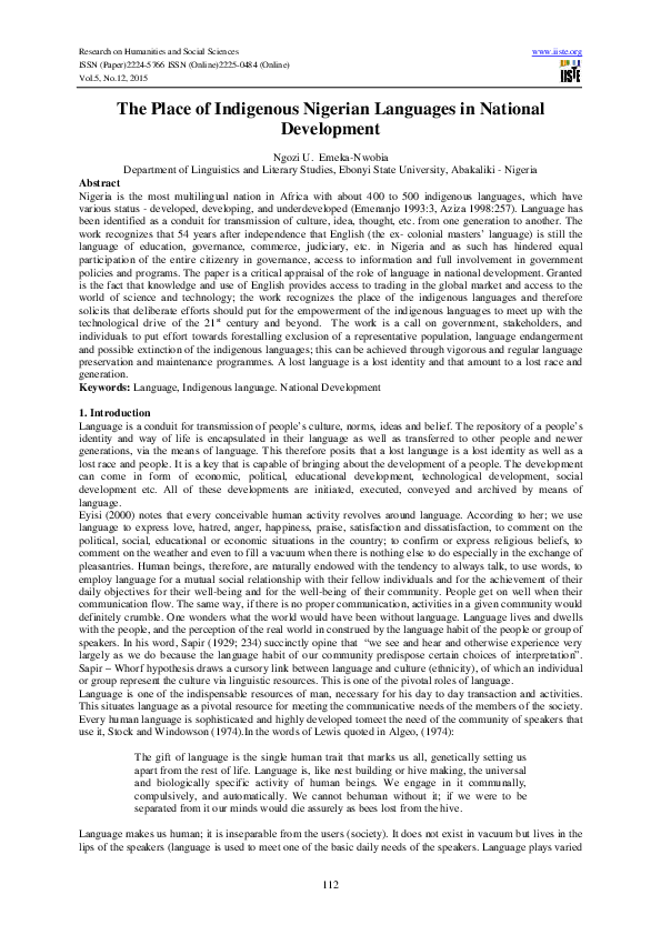 (PDF) The Place of Indigenous Nigerian Languages in National Development