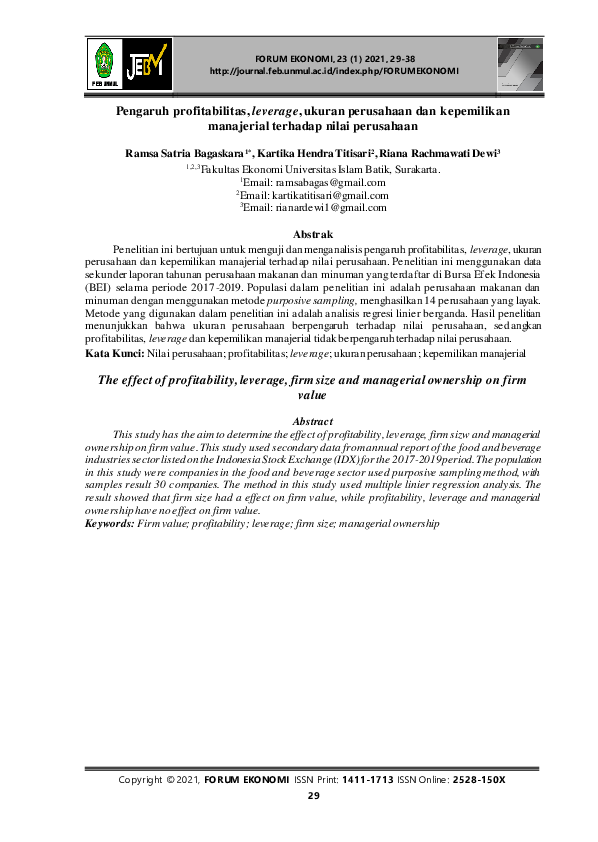 (PDF) Pengaruh profitabilitas, leverage, ukuran perusahaan dan kepemilikan manajerial terhadap ...