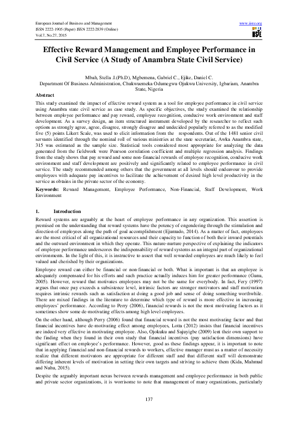 (PDF) Effective Reward Management and Employee Performance in Civil ...