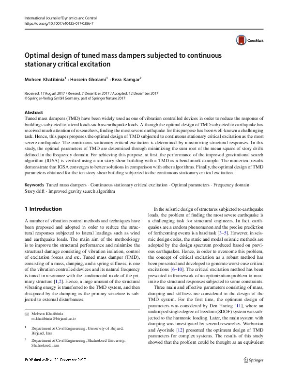 (PDF) Optimal design of tuned mass dampers subjected to continuous stationary critical excitation
