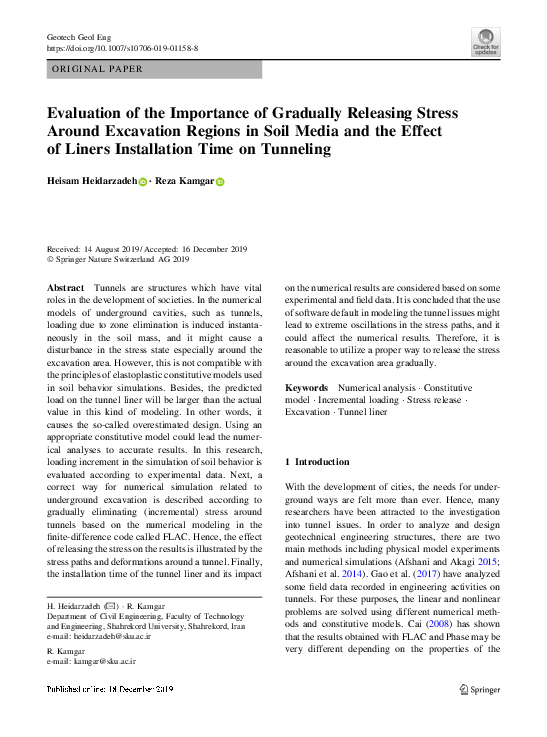 (PDF) Evaluation of the Importance of Gradually Releasing Stress Around Excavation Regions in ...