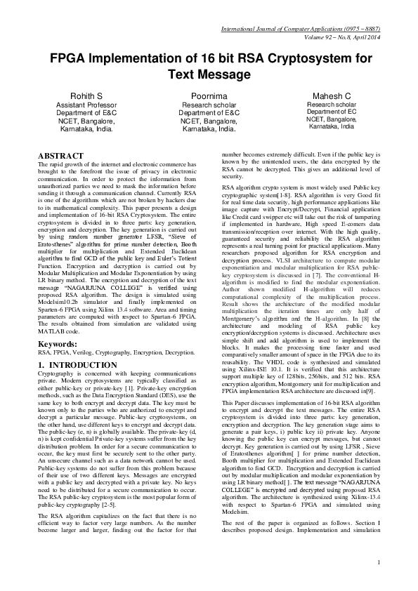 (PDF) FPGA Implementation of 16 bit RSA Cryptosystem for Text Message