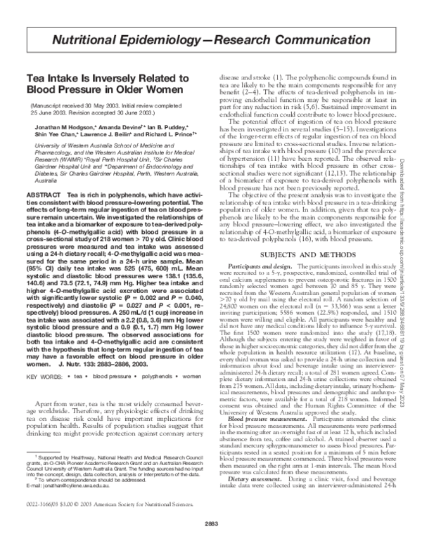 PDF Tea Intake Is Inversely Related To Blood Pressure In Older Women PDF Tea Intake Is Inversely Related To Blood Pressure In Older Women