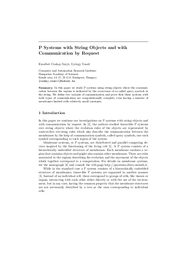 (PDF) P Systems with String Objects and with Communication by Request