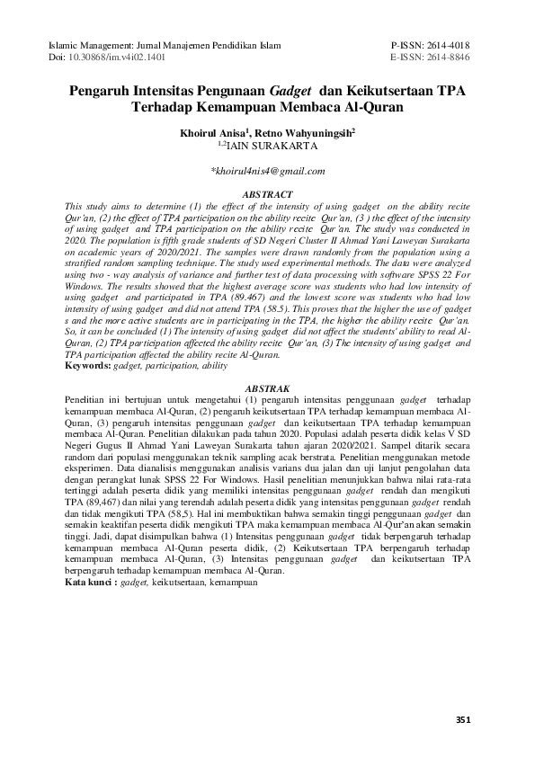 (PDF) Pengaruh Intensitas Pengunaan Gadget Dan Keikutsertaan Tpa Terhadap Kemampuan Membaca Al ...