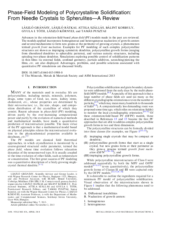 (PDF) Phase-Field Modeling of Polycrystalline Solidification: From Needle Crystals to ...