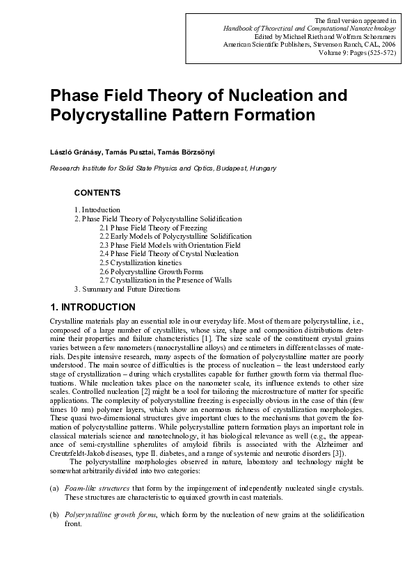 (PDF) Phase Field Theory of Nucleation and Polycrystalline Pattern Formation