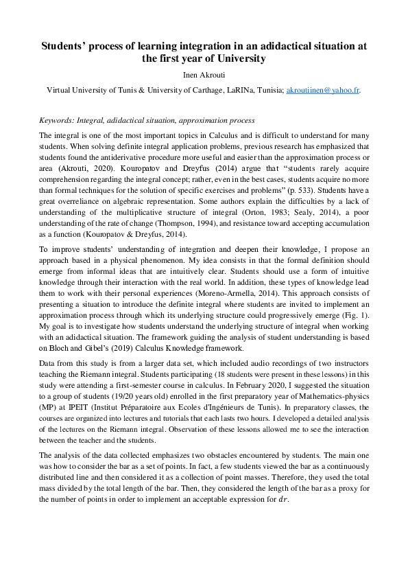 (PDF) Students’ process of learning integration in an adidactical situation at the first year of ...