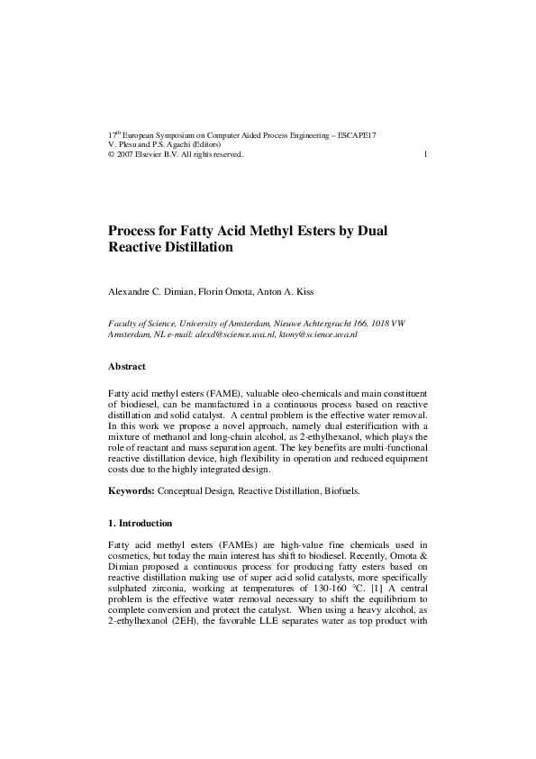 Pdf Process For Fatty Acid Methyl Esters By Dual Reactive Distillation