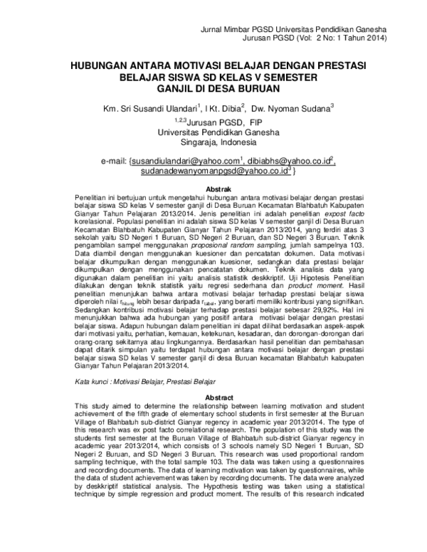(PDF) Hubungan Antara Motivasi Belajar Dengan Prestasi Belajar Siswa SD Kelas V Semester Ganjil ...