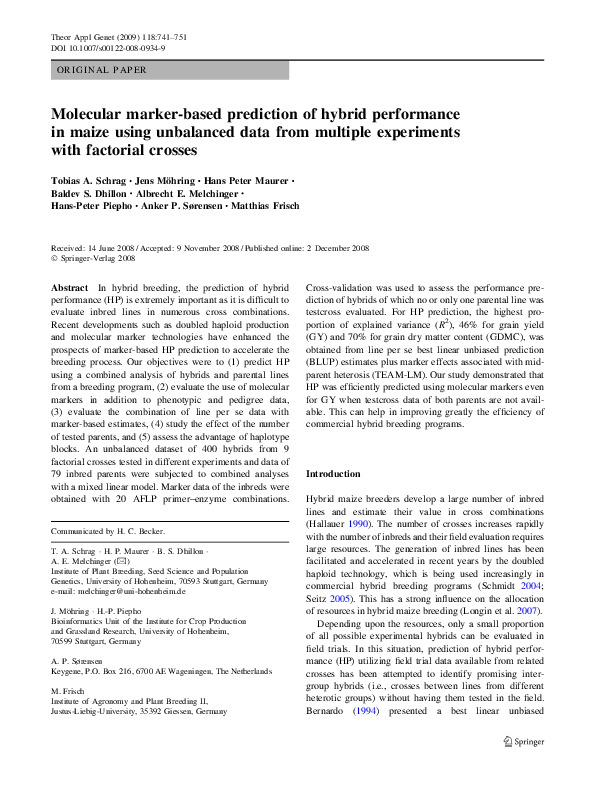 (PDF) Molecular marker-based prediction of hybrid performance in maize ...