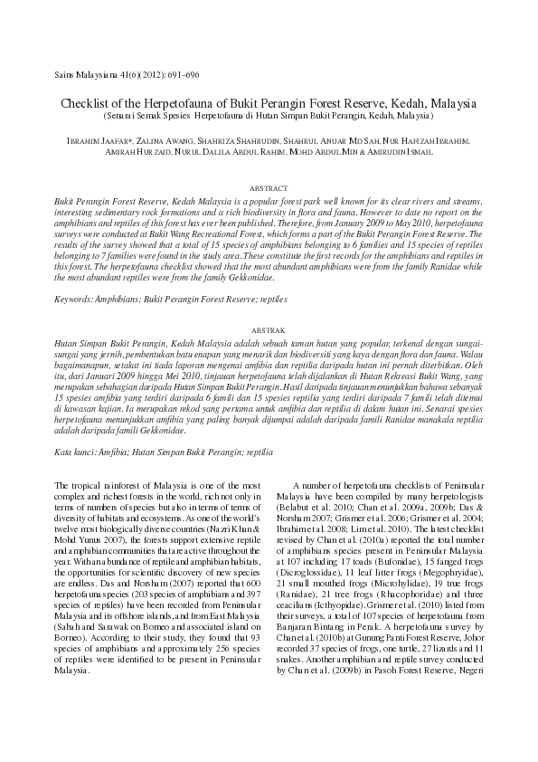 (PDF) Checklist of the Herpetofauna of Bukit Perangin Forest Reserve, Kedah, Malaysia | Dalila ...