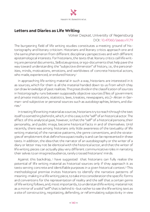 (PDF) Letters and Diaries as Life Writing