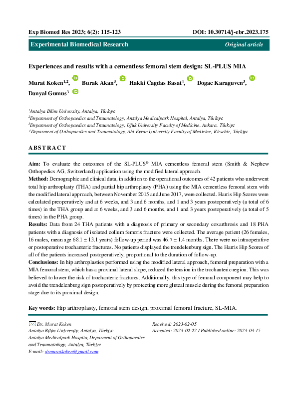 (PDF) Experiences and results with a cementless femoral stem design: SL-PLUS MIA