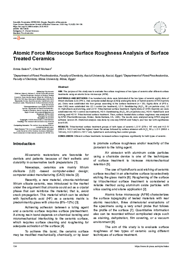 (PDF) Atomic Force Microscope Surface Roughness Analysis of Surface Treated Ceramics