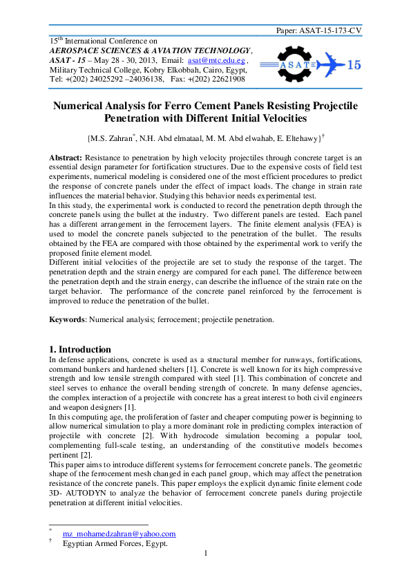 (PDF) Numerical Analysis for Ferro Cement Panels Resisting Projectile Penetration with Different ...
