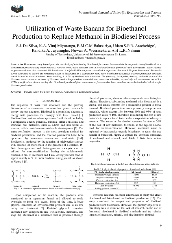 (PDF) Utilization of Waste Banana for Bioethanol Production to Replace Methanol in Biodiesel Process