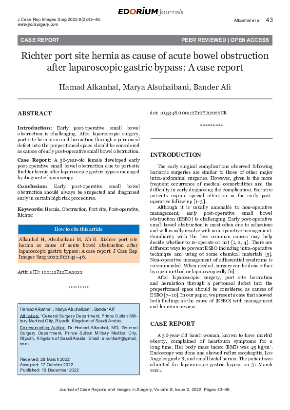 (PDF) Richter port site hernia as cause of acute bowel obstruction after laparoscopic gastric ...