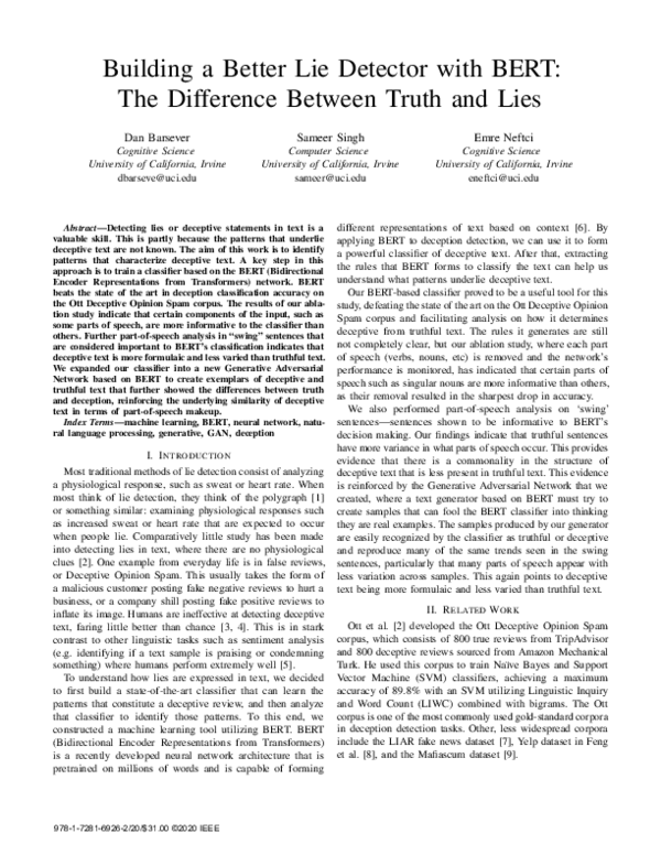 (PDF) Building a Better Lie Detector with BERT: The Difference Between Truth and Lies