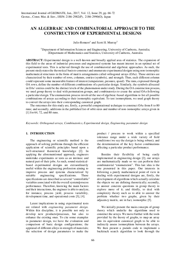 (PDF) An Algebraic and Combinatorial Approach to the Construction of Experimental Designs