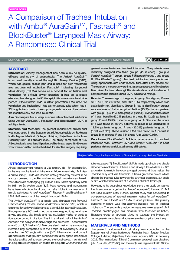 (PDF) A Comparison of Tracheal Intubation with Ambu® AuraGainTM ...