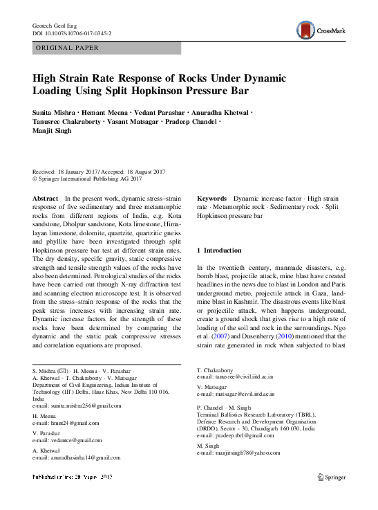 (PDF) High Strain Rate Response of Rocks Under Dynamic Loading Using Split Hopkinson Pressure ...