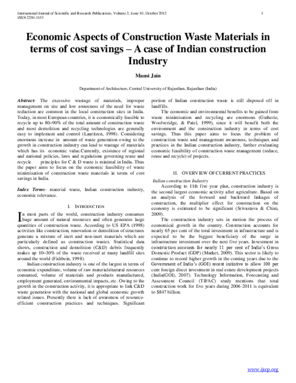 (PDF) Economic Aspects of Construction Waste Materials in terms of cost ...