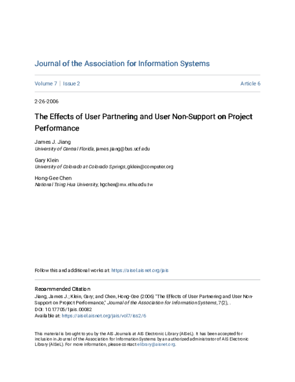 (PDF) The Effects of User Partnering and User Non-Support on Project ...
