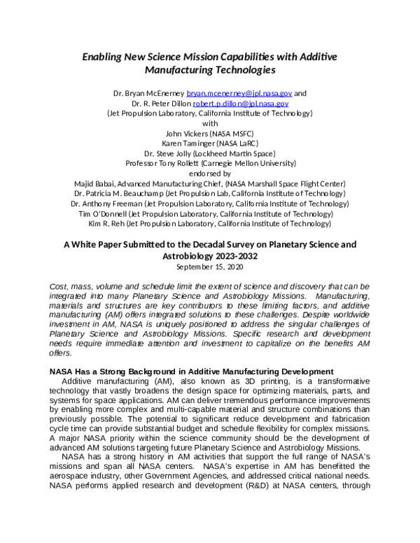 (PDF) Enabling New Science Mission Capabilities with Additive Manufacturing Technologies