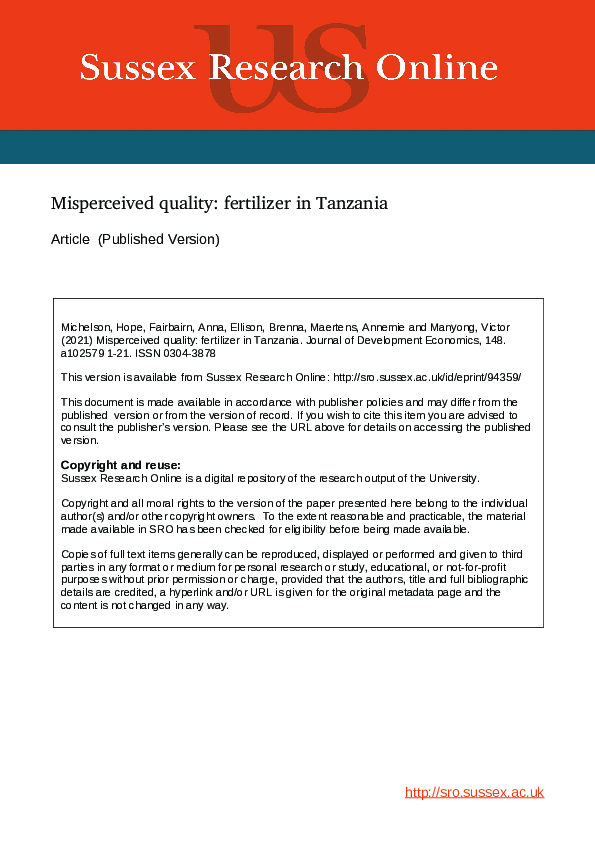 (PDF) Misperceived quality: Fertilizer in Tanzania