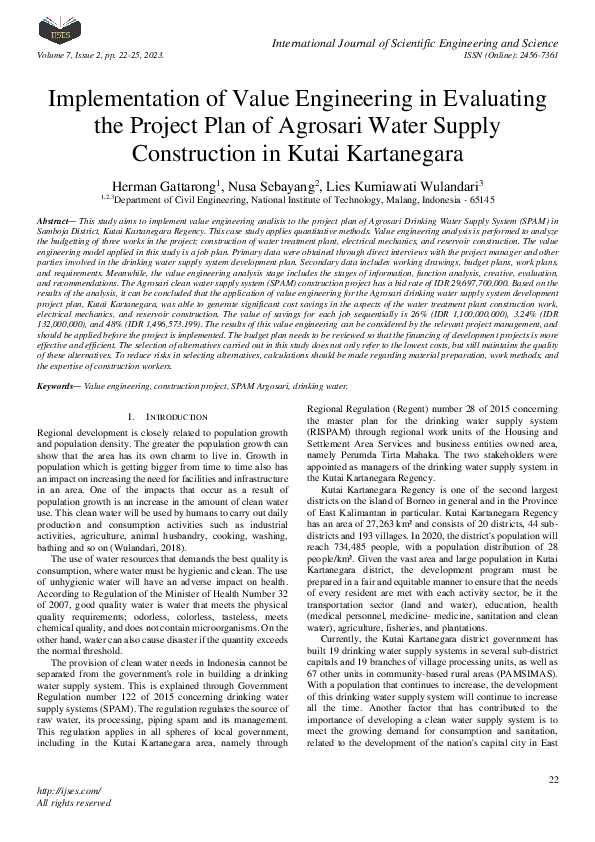 (PDF) Implementation of Value Engineering in Evaluating the Project Plan of Agrosari Water ...