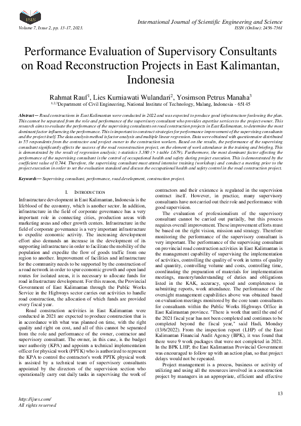 (PDF) Performance Evaluation of Supervisory Consultants on Road Reconstruction Projects in East ...