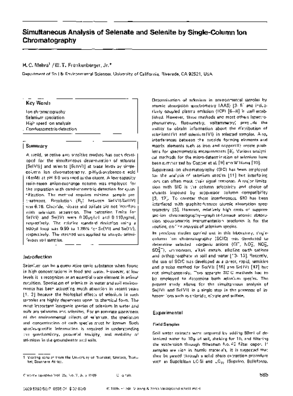 (PDF) Simultaneous analysis of selenate and selenite by single-column ion chromatography