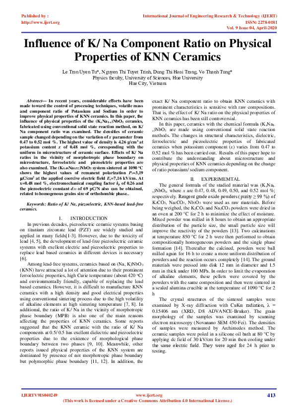 (PDF) Influence of K/ Na Component Ratio on Physical Properties of KNN ...