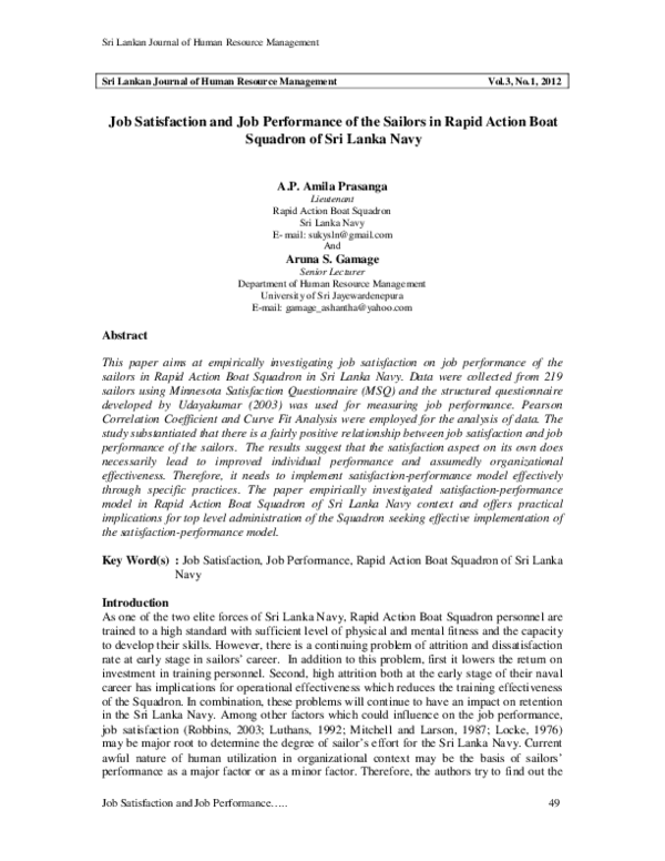 (PDF) Job Satisfaction and Job Performance of the Sailors in Rapid ...