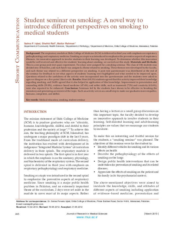 (PDF) Student seminar on smoking: A novel way to introduce different ...