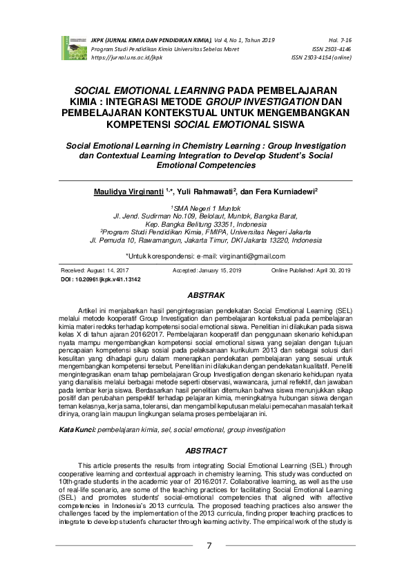 (PDF) Social Emotional Learning in Chemistry Learning : Group Investigation dan Contextual ...