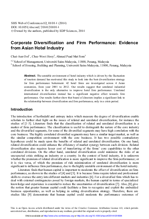 (PDF) Corporate Diversification and Firm Performance: Evidence from Asian Hotel Industry ...