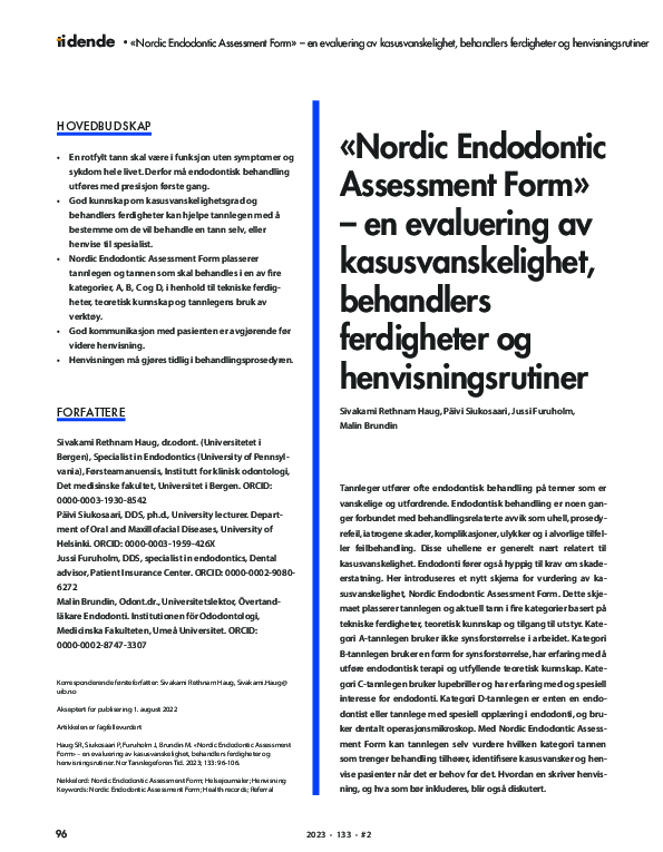 (PDF) «Nordic Endodontic Assessment Form» – en evaluering av ...