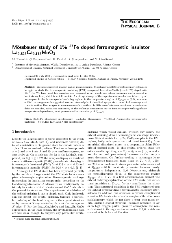 (PDF) Mössbauer study of 1% 57Fe doped ferromagnetic insulator La0 ...