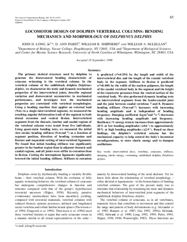 (PDF) Locomotor Design Of Dolphin Vertebral Columns: Bending Mechanics ...