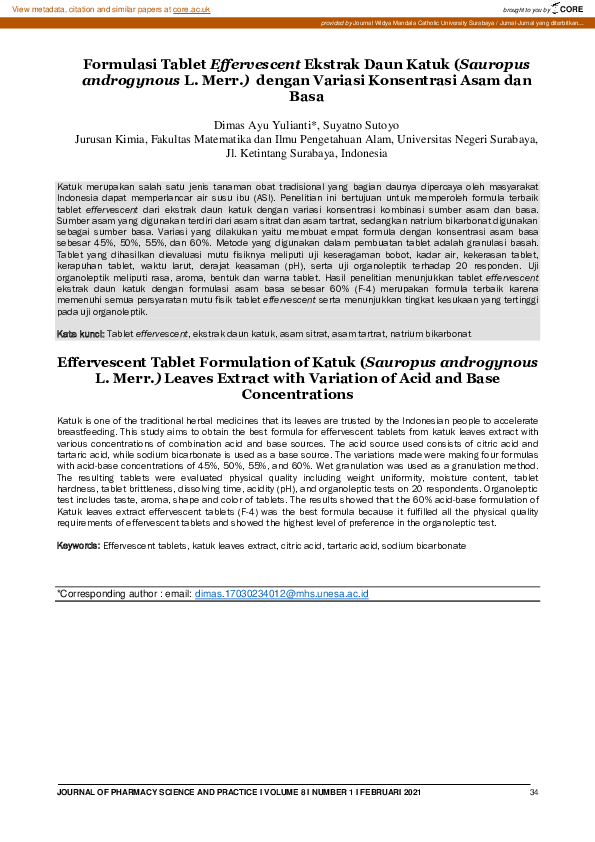 (PDF) Formulasi Tablet Effervescent Ekstrak Daun Katuk (Saoropus ...