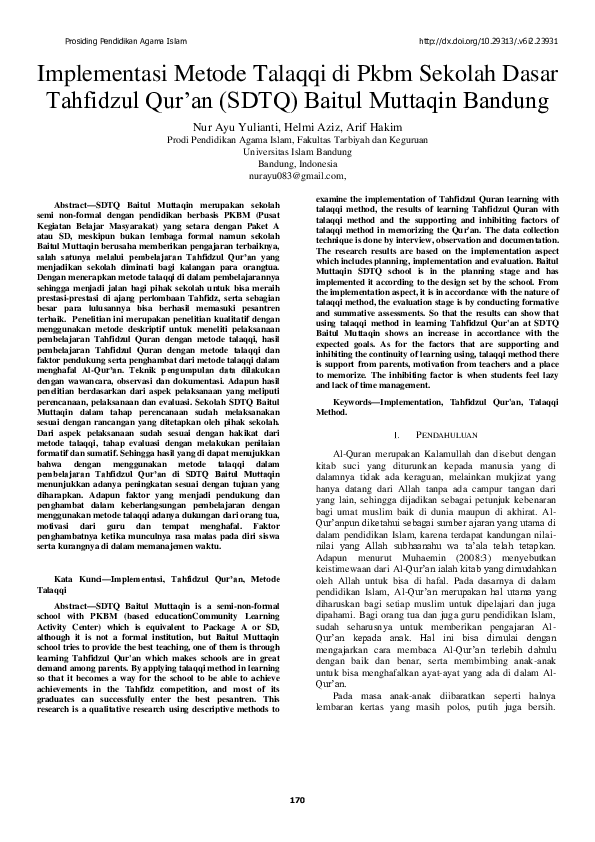 (PDF) Implementasi Metode Talaqqi di Pkbm Sekolah Dasar Tahfidzul Qur'an (SDTQ) Baitul Muttaqin ...
