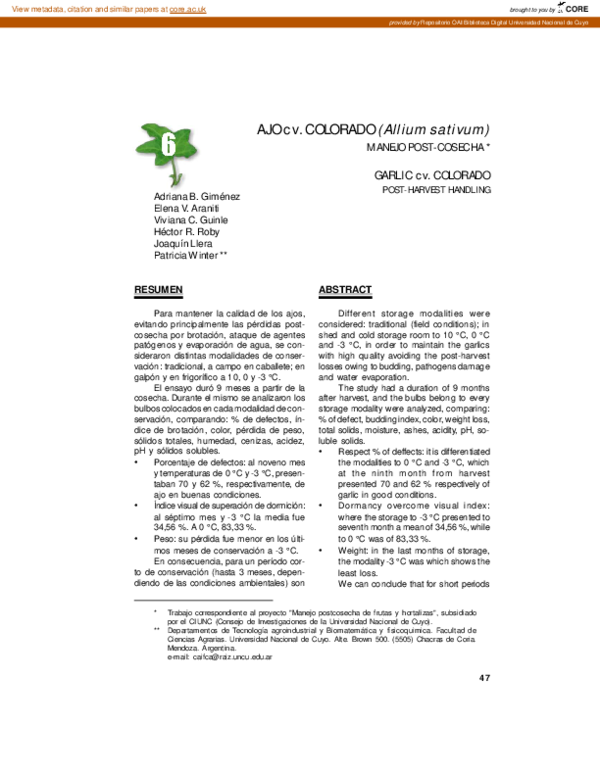 (PDF) Garlic cv. colorado : post-harvest handling