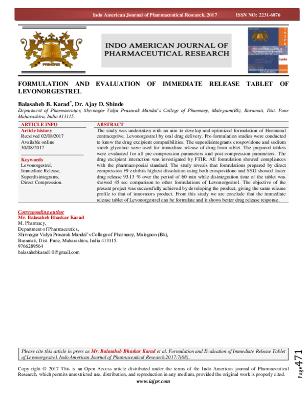 (PDF) Formulation and Evaluation of Immediate Release Tablet of ...