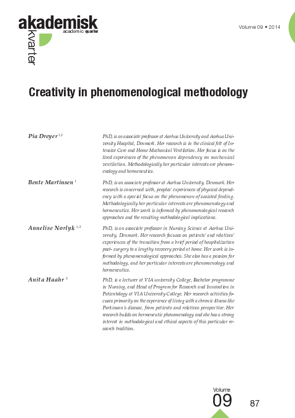(PDF) Creativity in phenomenological methodology | Bente Martinsen - Academia.edu