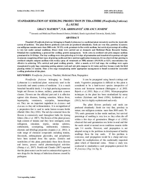 (PDF) STANDARDISATION OF SEEDLING PRODUCTION IN THAATHIRI (Woodfordia ...